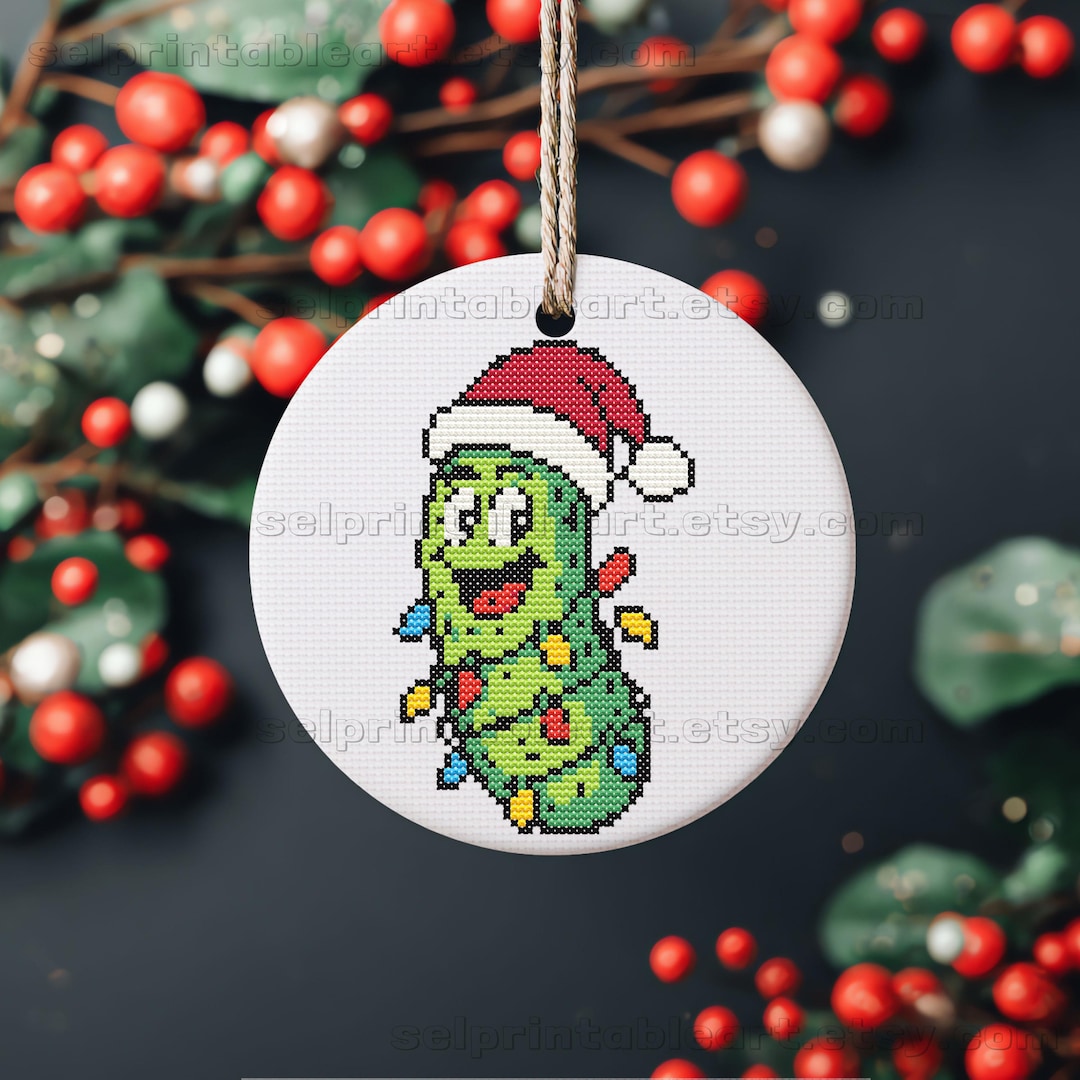Funny Christmas Pickle Cross Stitch, Santa Hat and Lights Ornament DIY ...