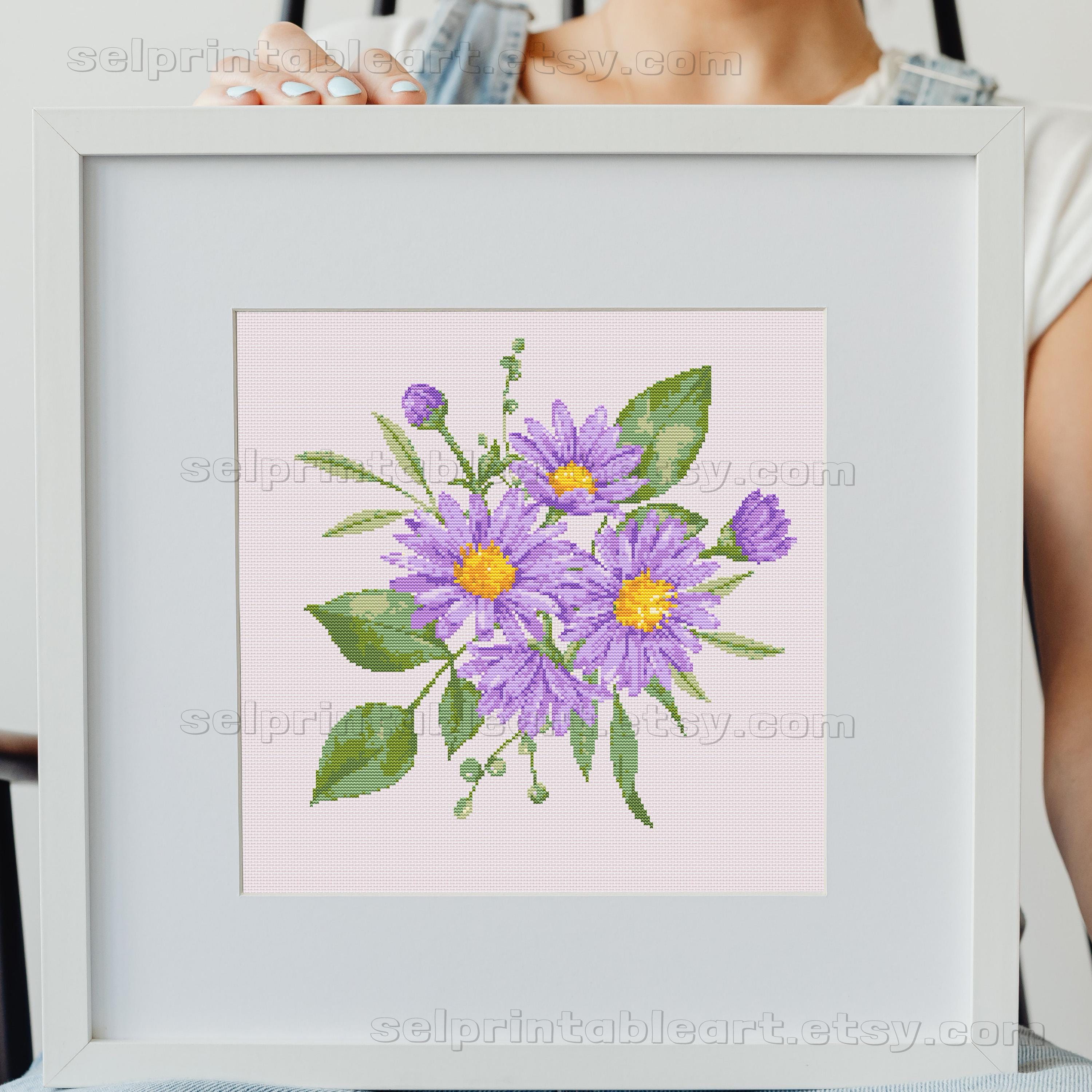 Aster Flower Cross Stitch Pattern, Purple Flower Hand Embroidery ...