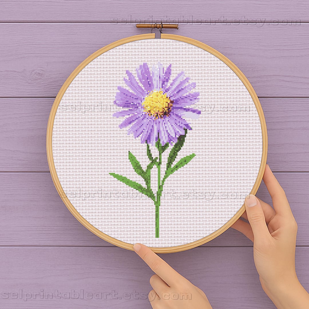 Purple Aster Flower Cross Stitch Pattern, Summer Floral Embroidery ...