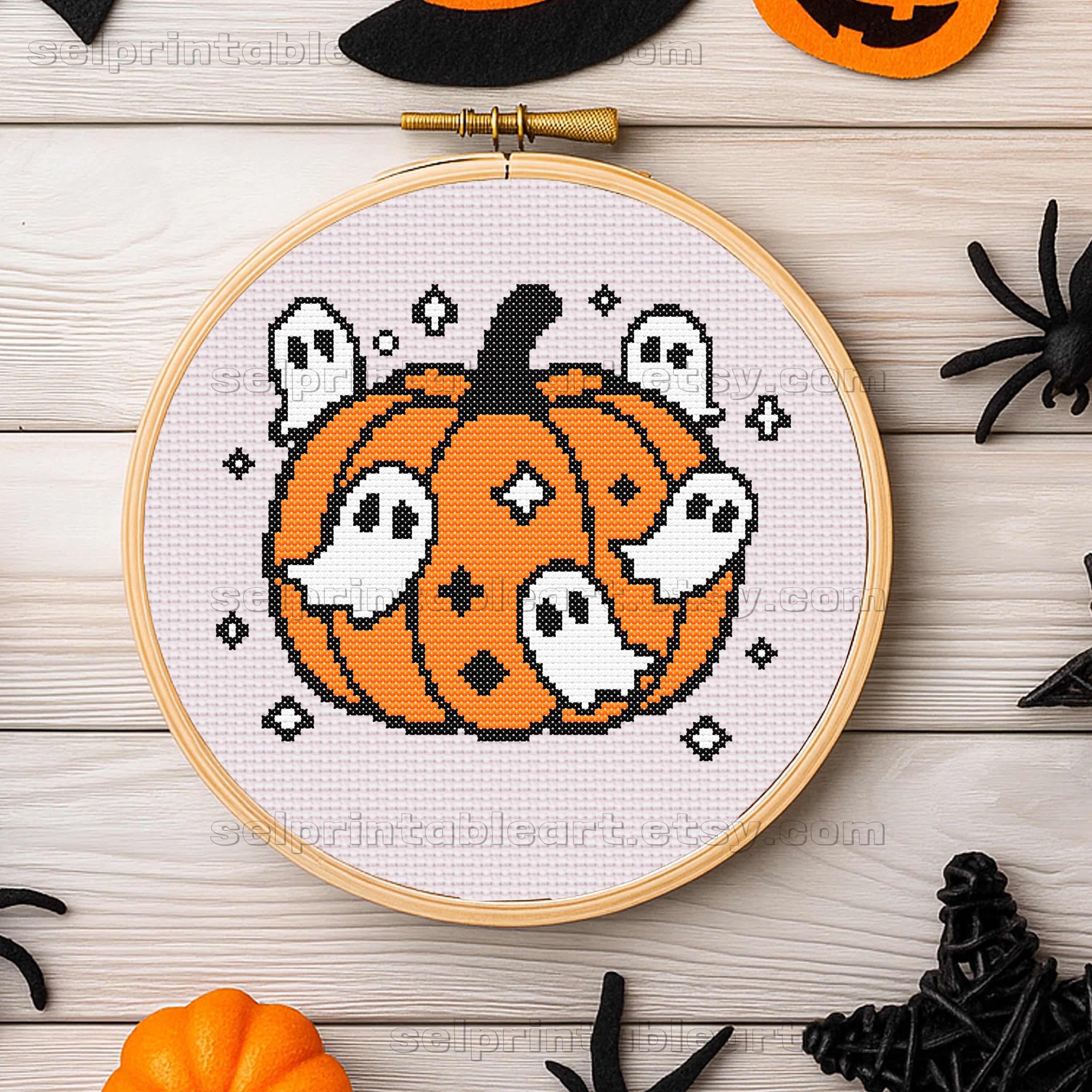 Haunted Pumpkin Cross Stitch Pattern, Cute Ghost Halloween Embroidery ...