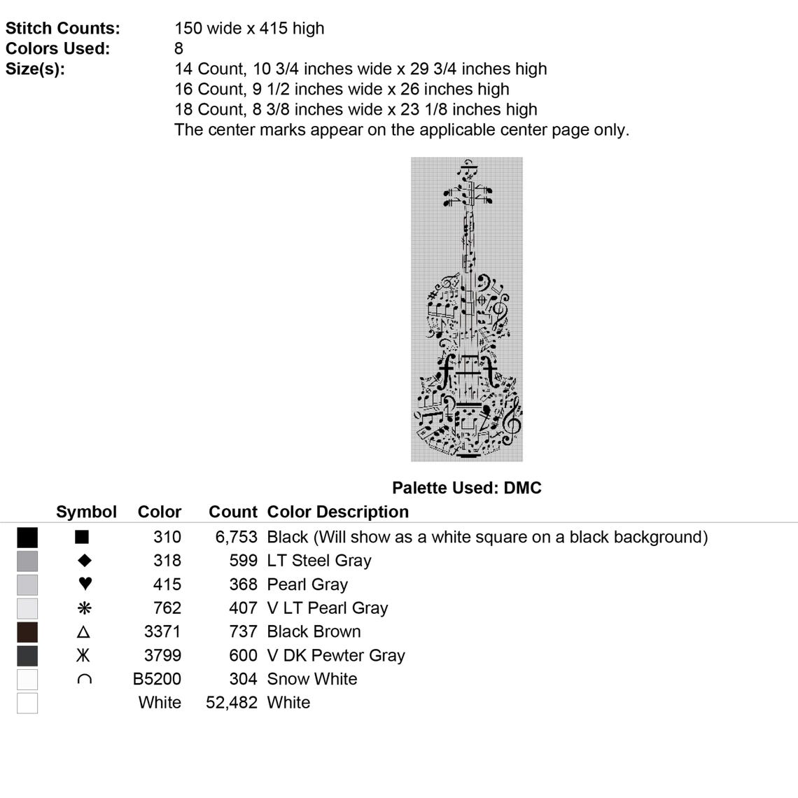 Violin Cross Stitch Pattern With Musical Notes Digital Download ...