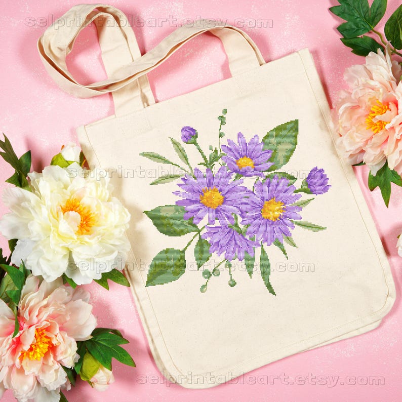 Aster Flower Cross Stitch Pattern, Purple Flower Hand Embroidery ...