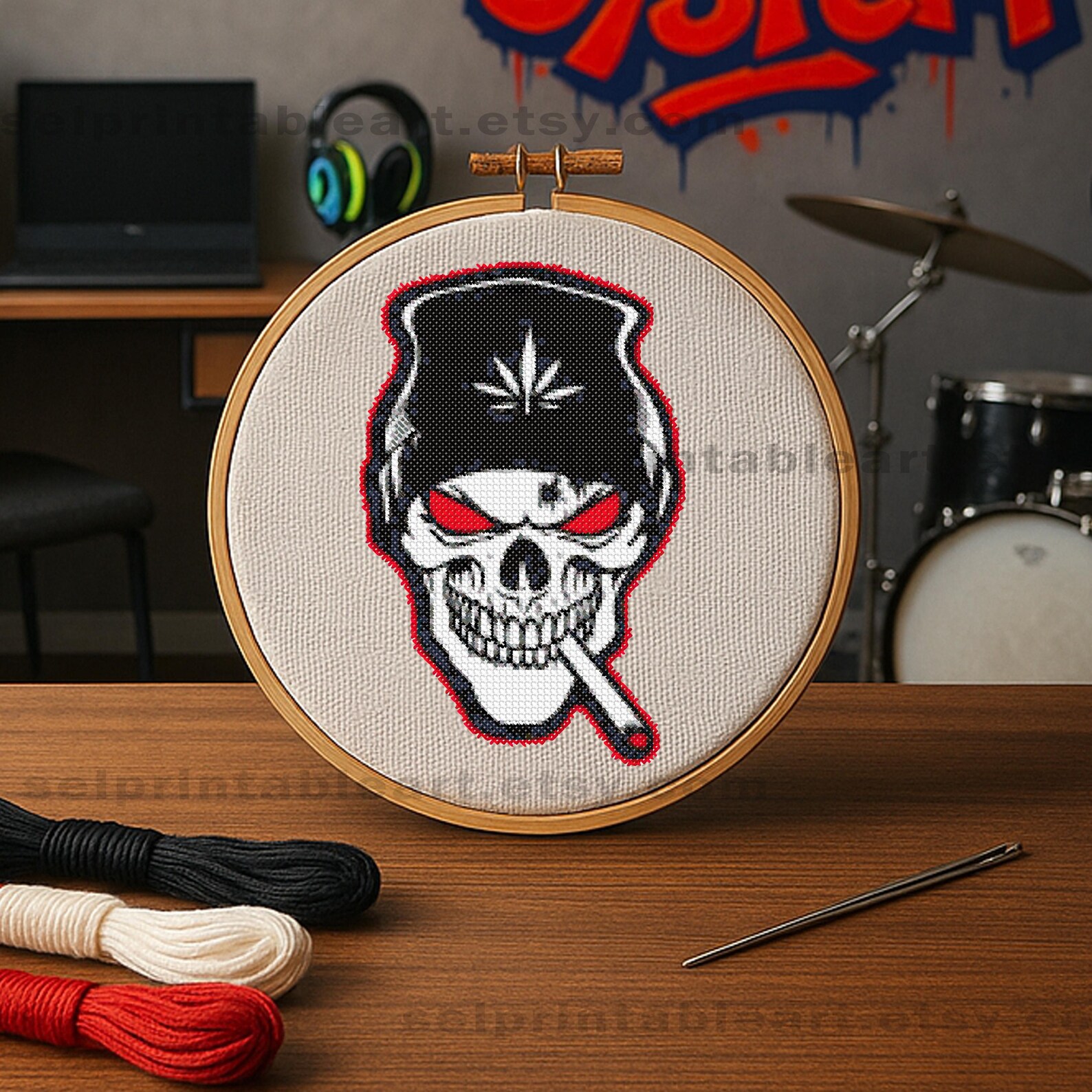 Smoking Weed Skull Cross Stitch Chart, Easy Embroidery Printable ...