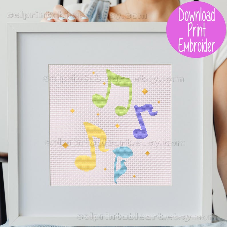 Colorful Music Notes Cross Stitch Pattern, Modern Musical Embroidery ...