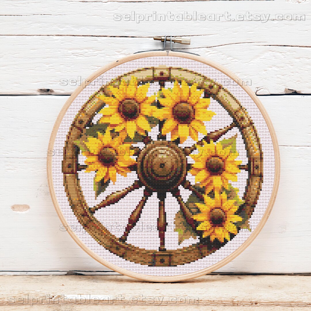 Wagon Wheel With Sunflowers Cross Stitch, Rustic Farmhouse Decor ...