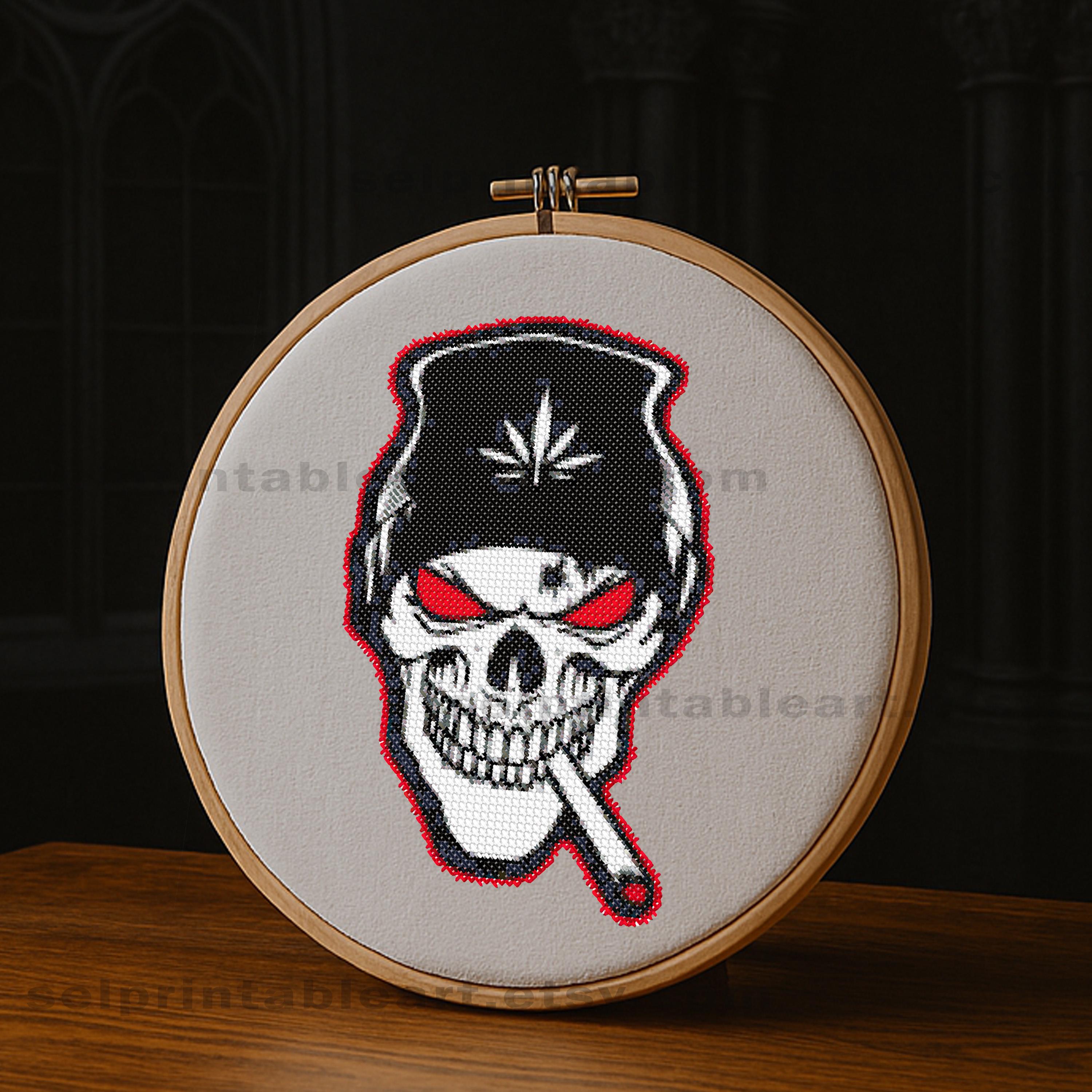 Smoking Weed Skull Cross Stitch Chart, Easy Embroidery Printable ...
