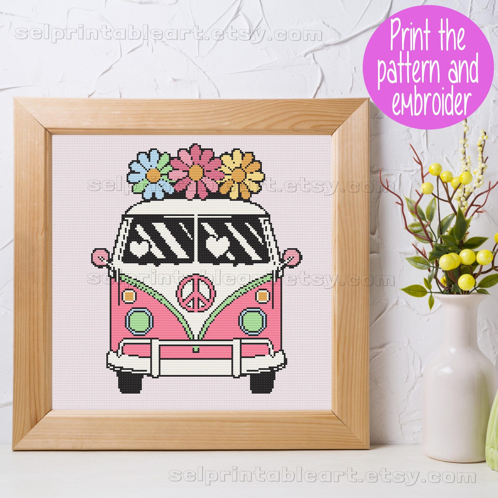 Retro Hippie Van Cross Stitch Pattern, 60s Peace Sign Embroidery, Boho ...