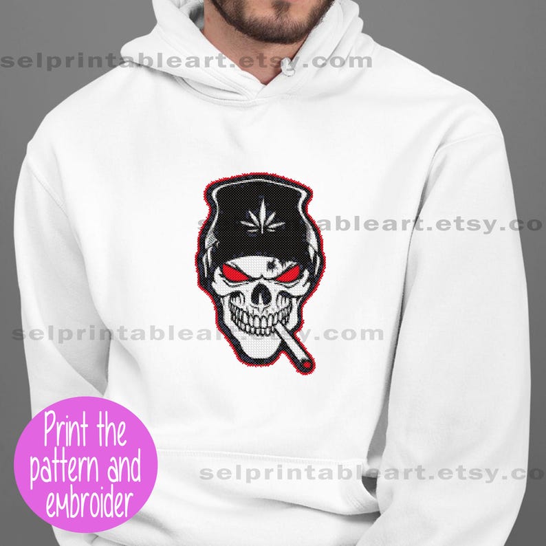 Smoking Weed Skull Cross Stitch Chart, Easy Embroidery Printable ...