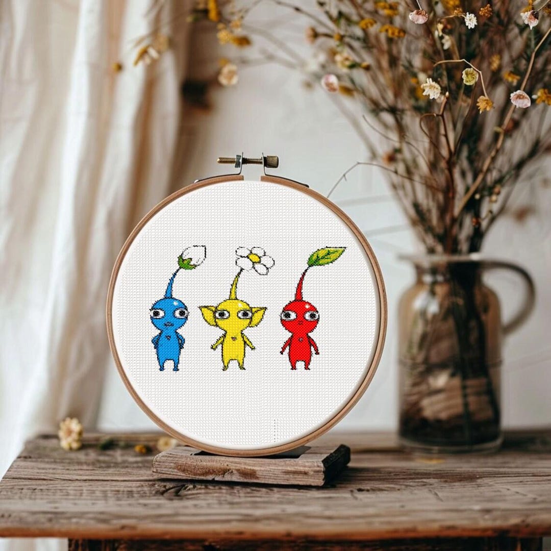 Adorable Pikmin Cross Stitch Trio Blue Red Yellow Patterns, Whimsical Pikmin Embroidery Set ...