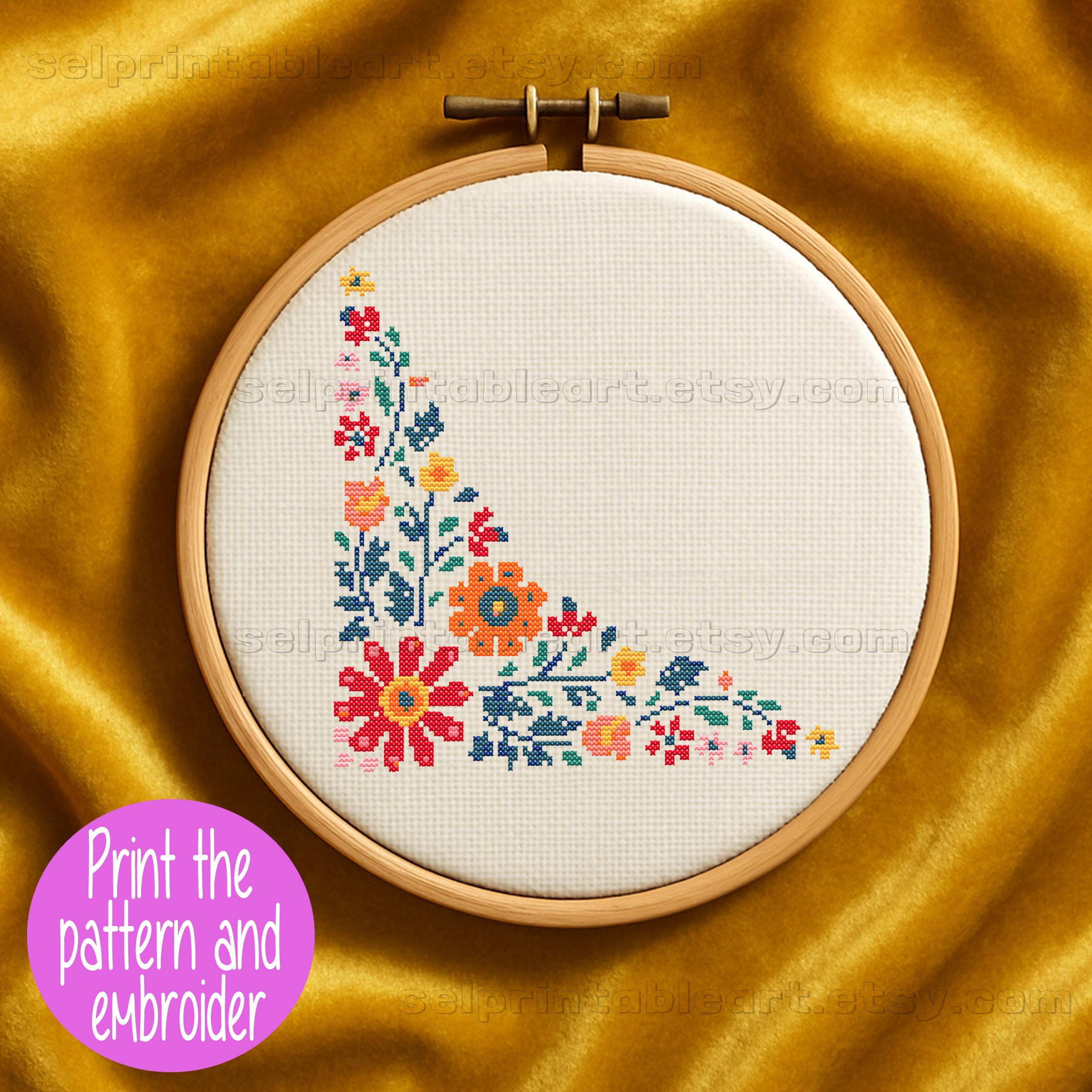 Vibrant Folk Floral Corner Cross Stitch Pattern for Decorative Towels ...