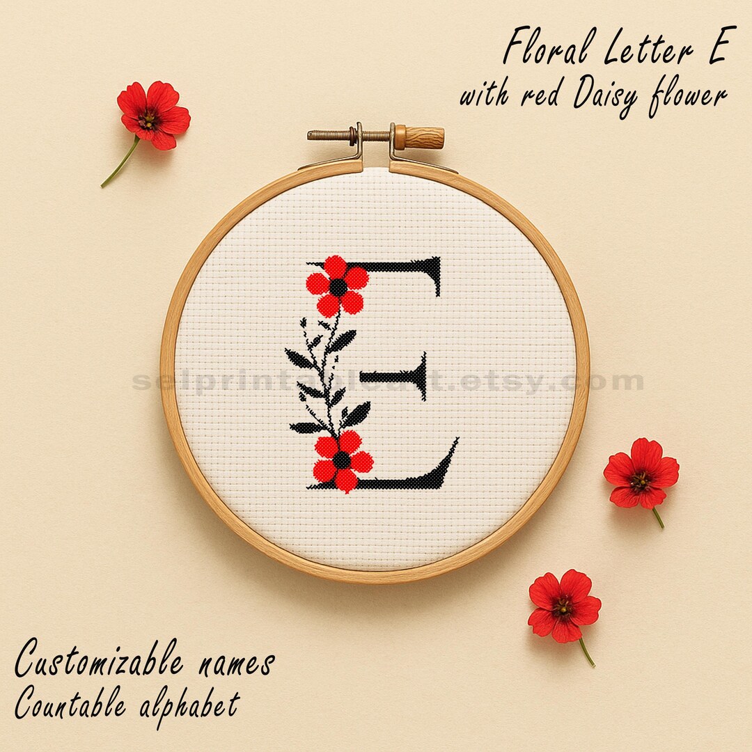 Customized Floral Letter E Cross Stitch Embroidery Personalized Names ...