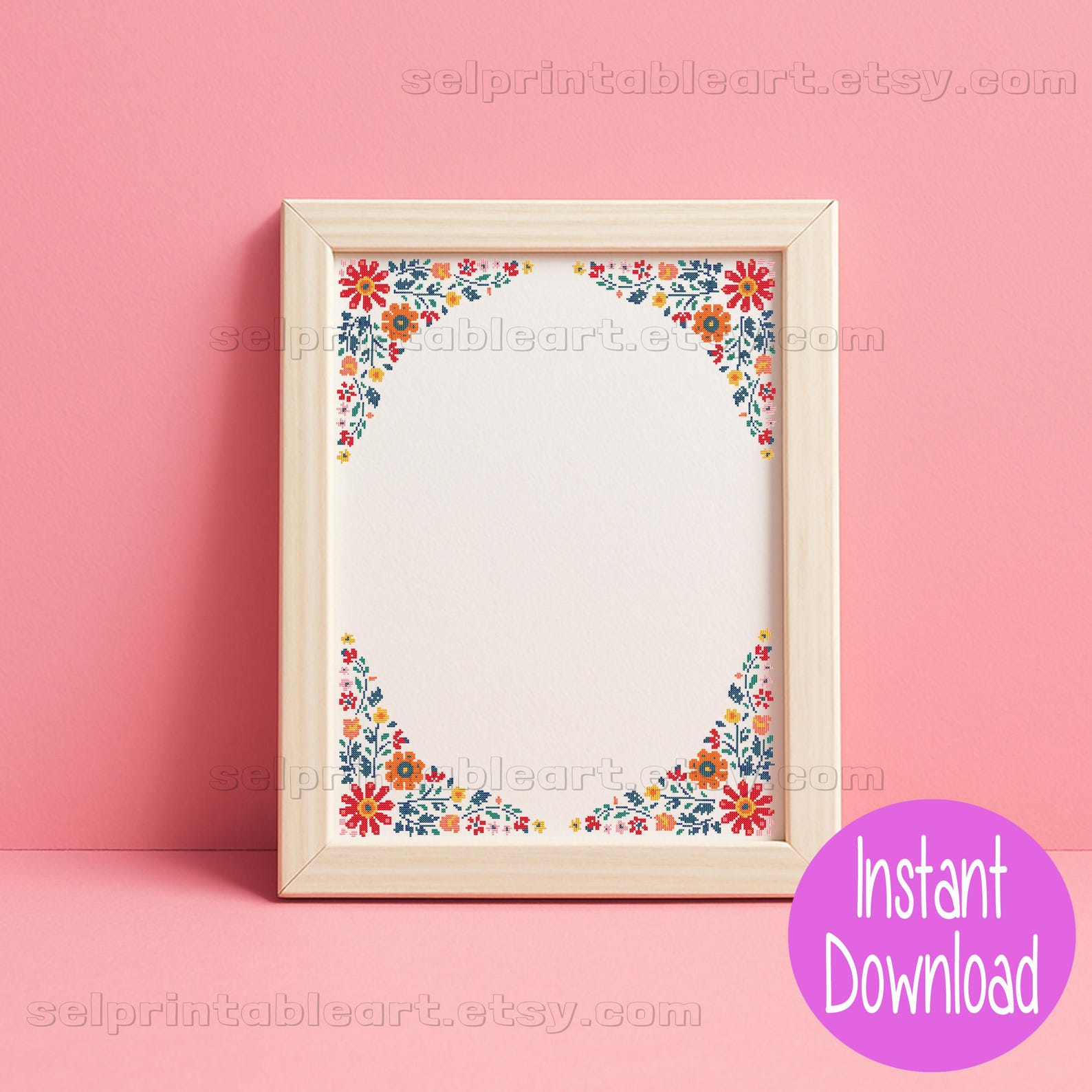Vibrant Folk Floral Corner Cross Stitch Pattern for Decorative Towels ...