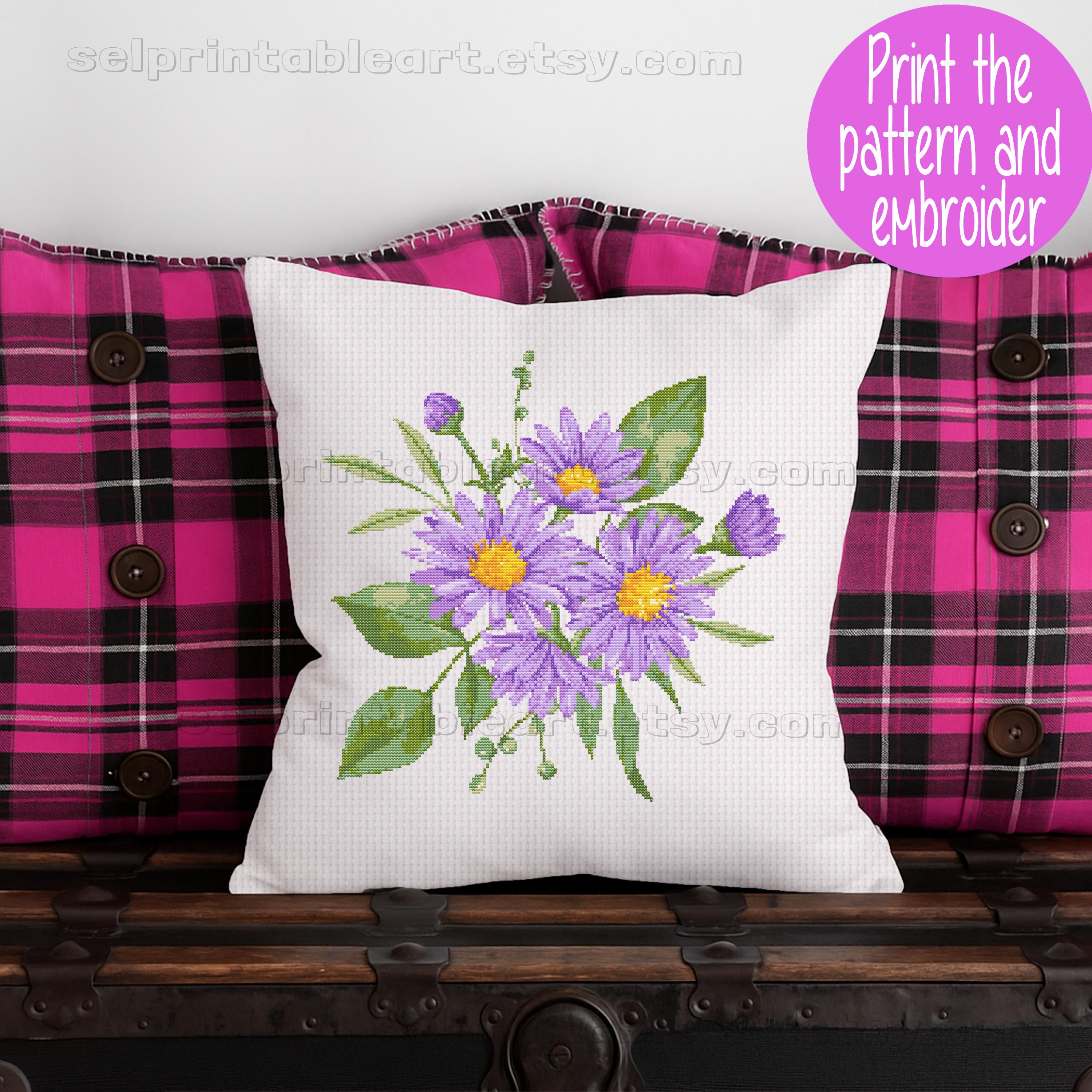 Aster Flower Cross Stitch Pattern, Purple Flower Hand Embroidery ...