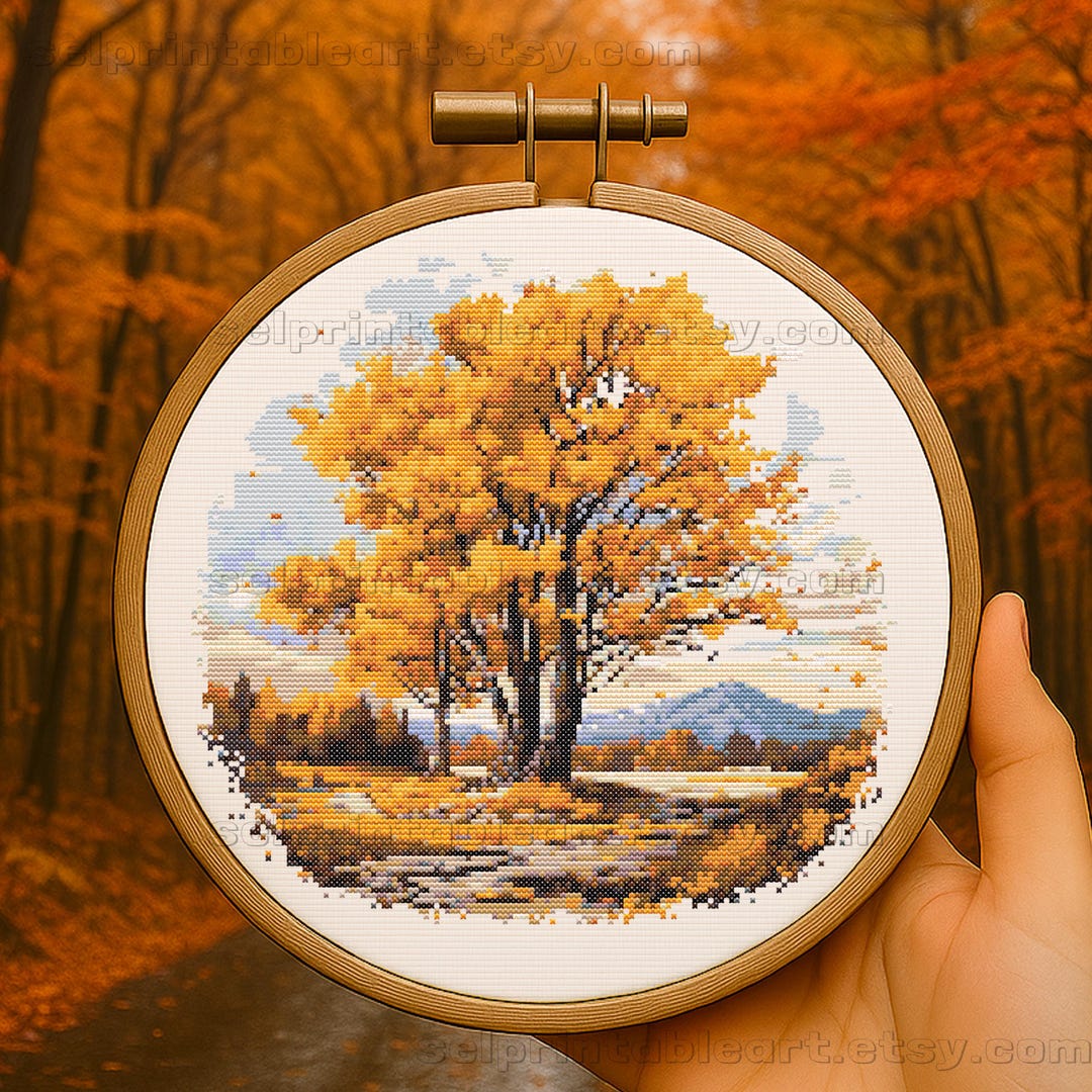 Yellow Autumn Tree Cross Stitch Pattern, Fall Mountain Landscape ...