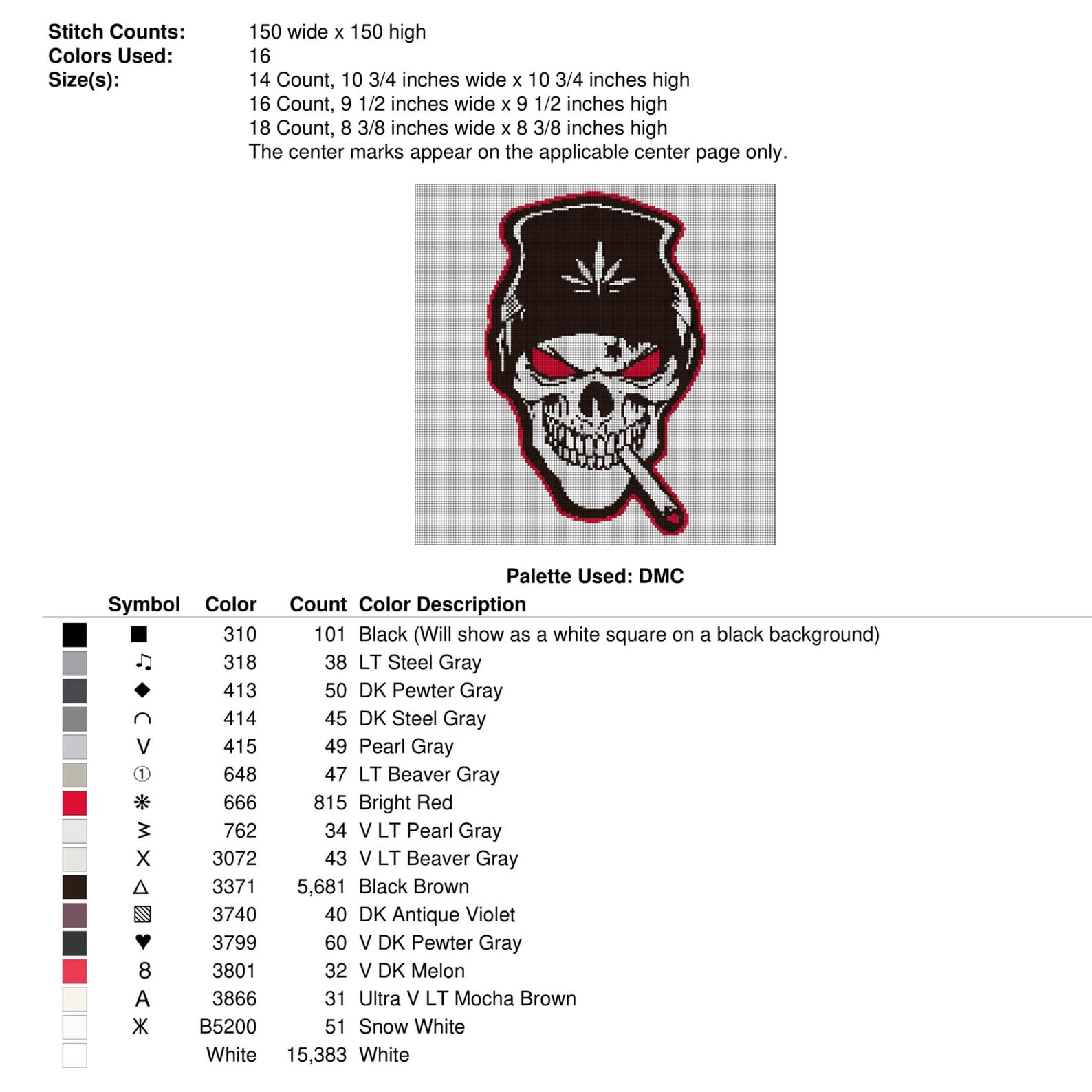 Smoking Weed Skull Cross Stitch Chart, Easy Embroidery Printable ...