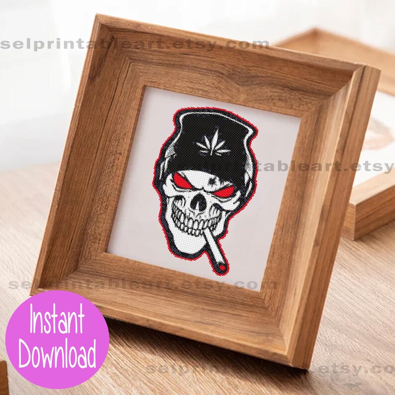 Smoking Weed Skull Cross Stitch Chart, Easy Embroidery Printable ...