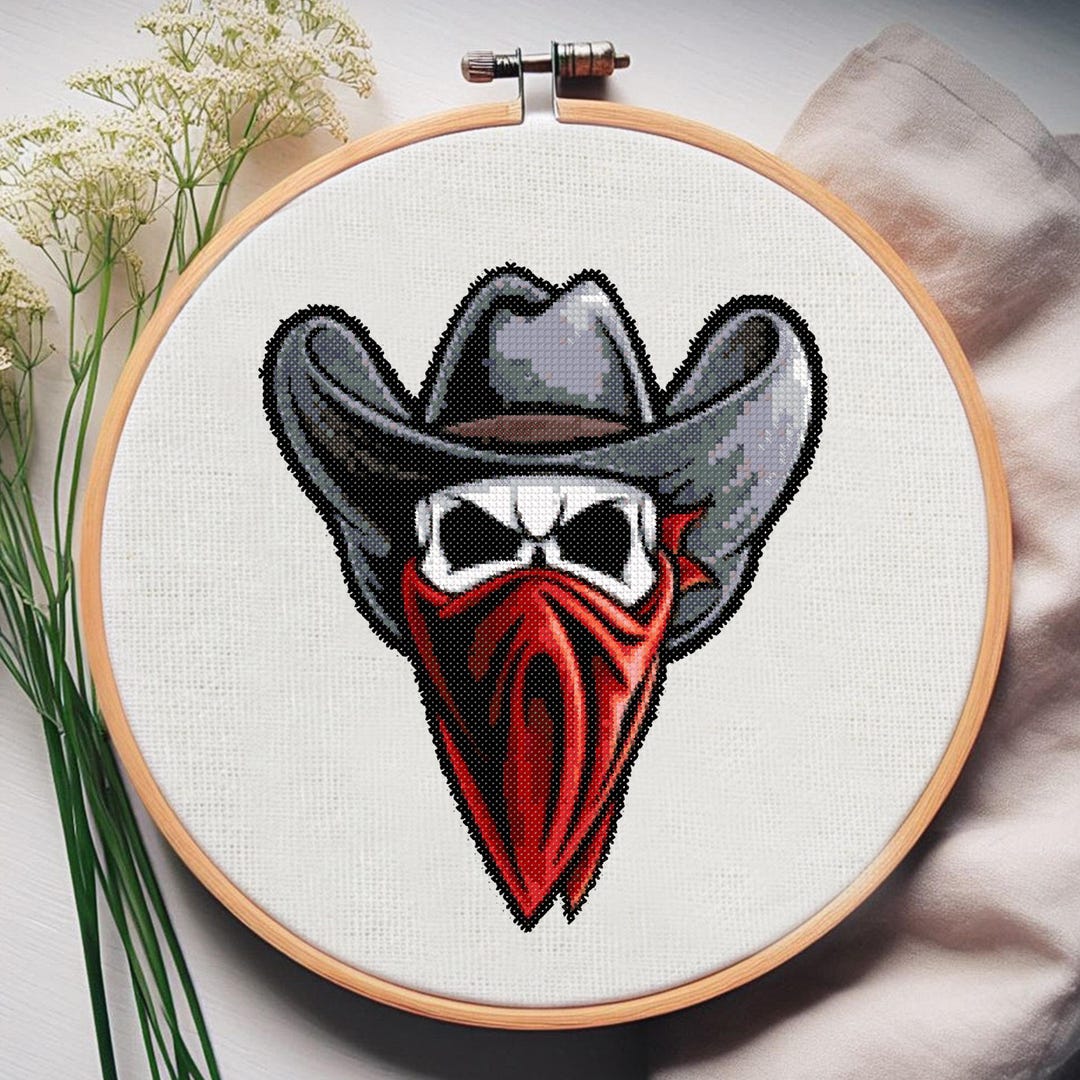 Outlaw Skull With Cowboy Hat Cross Stitch Embroidery Pattern, Easy ...
