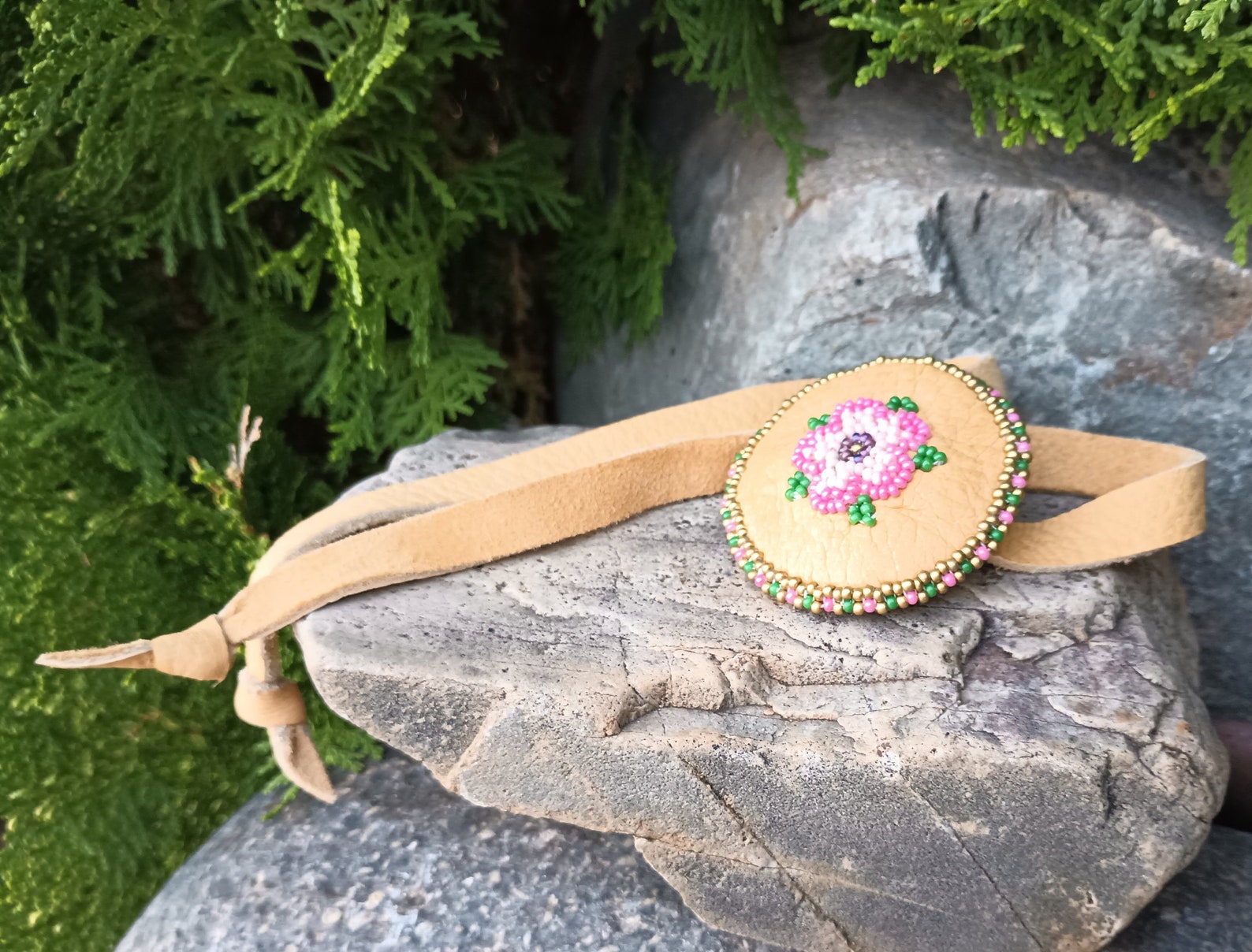 Flower Ponytail Leather Tie, Beaded Rosette, Beadwork, Pink, Cream ...