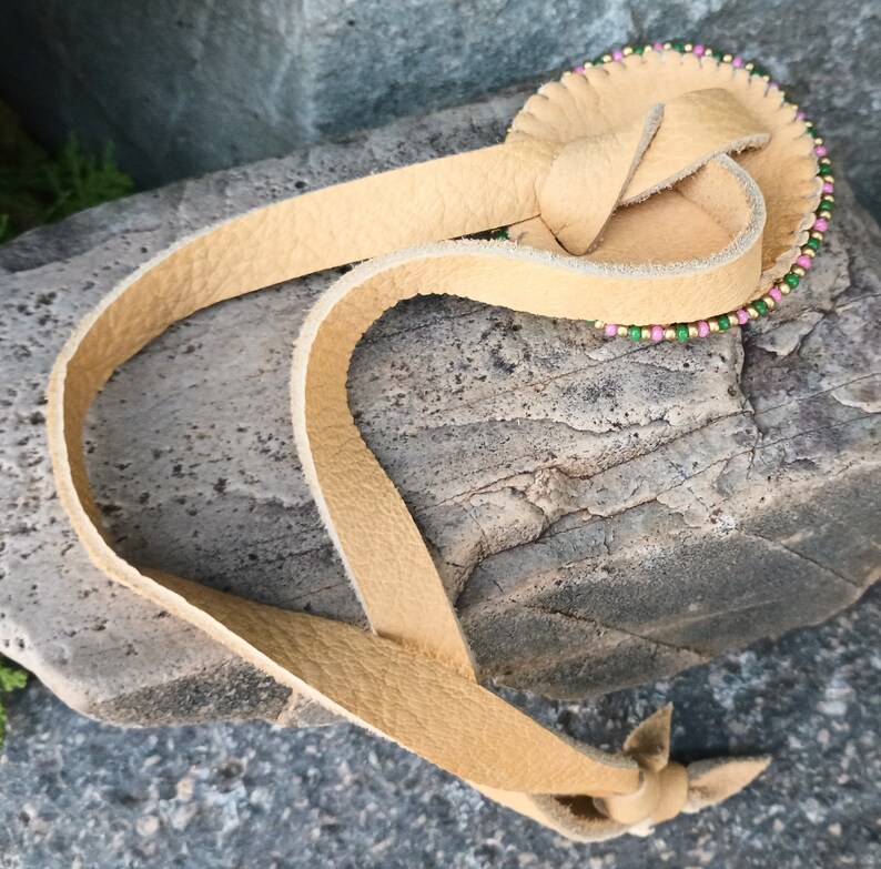 Flower Ponytail Leather Tie, Beaded Rosette, Beadwork, Pink, Cream ...