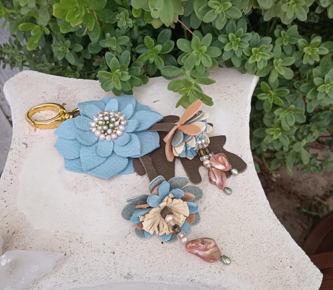 Leather Flower Handbag Clip on Charm, Genuine Leather, Large Blue ...