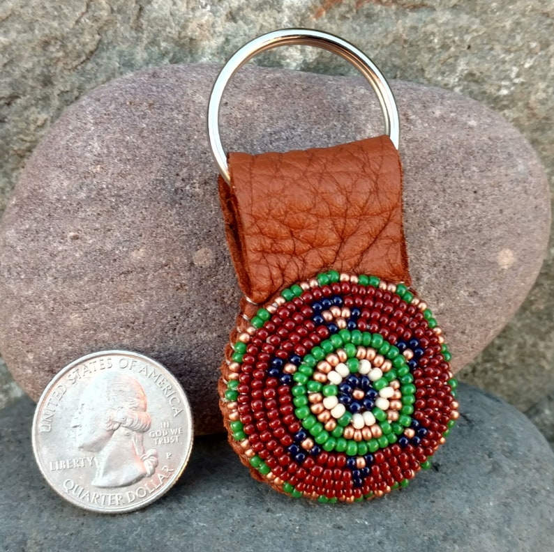 Turtle Beaded Keychain Rosette Genuine Brown Leather 3 | Etsy