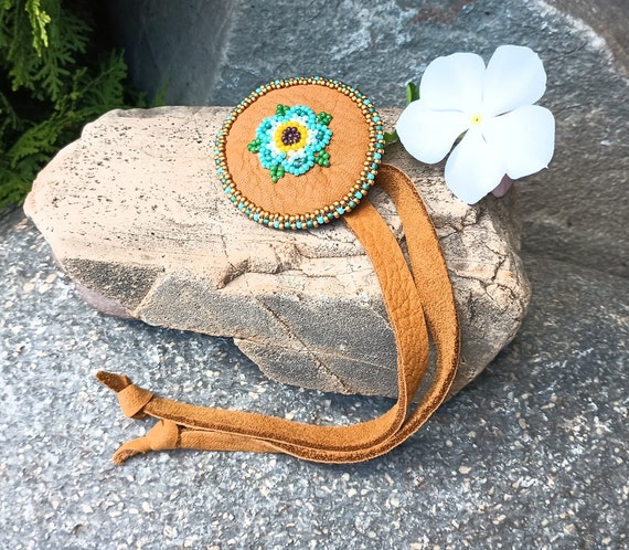 Flower Ponytail Leather Tie Beaded Rosette Beadwork Blue - Etsy