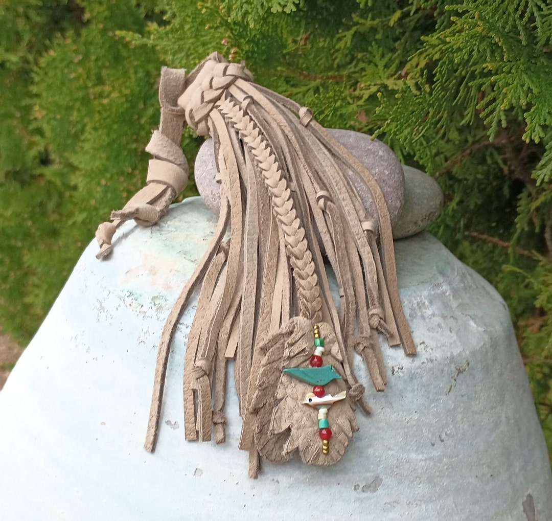 Braided Feather Tassel Handbag Charm, Genuine Leather, Tie On, Long ...