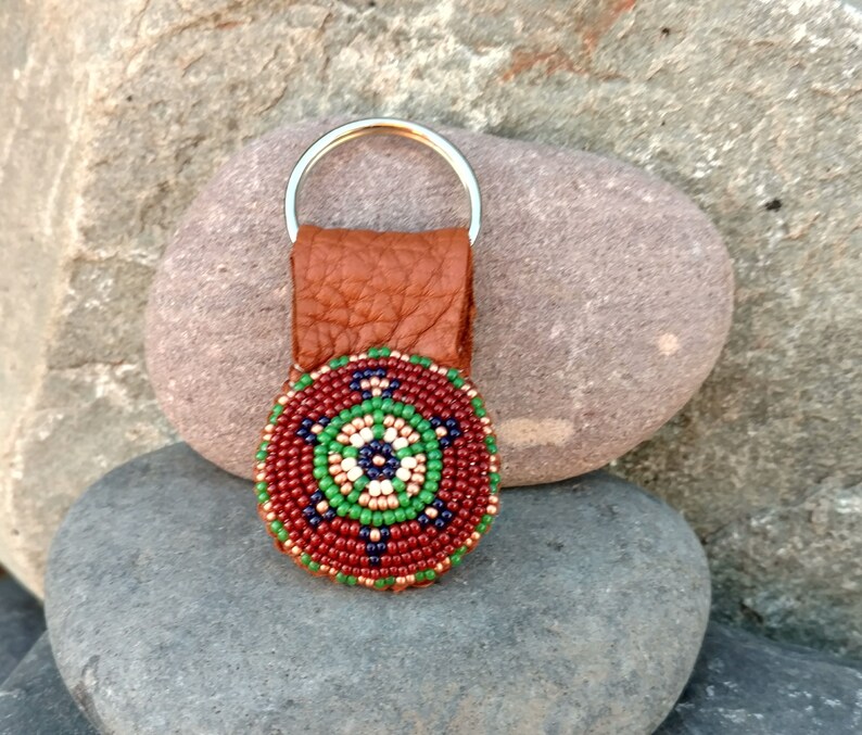 Turtle Beaded Keychain Rosette Genuine Brown Leather 3 | Etsy