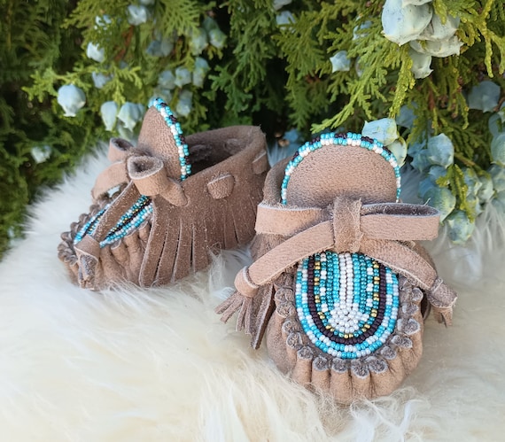 Baby Beaded Moccasins Genuine Deerskin Leather 3 3 4 Long Soft Soled Shoes Boy Girl Tribal Regalia Fringes Beadwork Fully Beaded Top Etsy