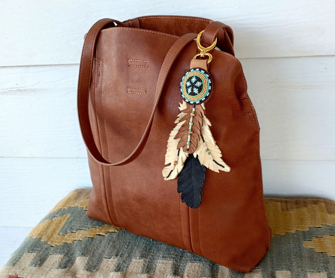 Feather Handbag Charm, Genuine Leather, Beaded Rosette, Clip on Purse ...