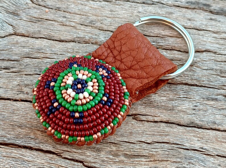 Turtle Beaded Keychain Rosette, Genuine Brown Leather, 3" Long ...