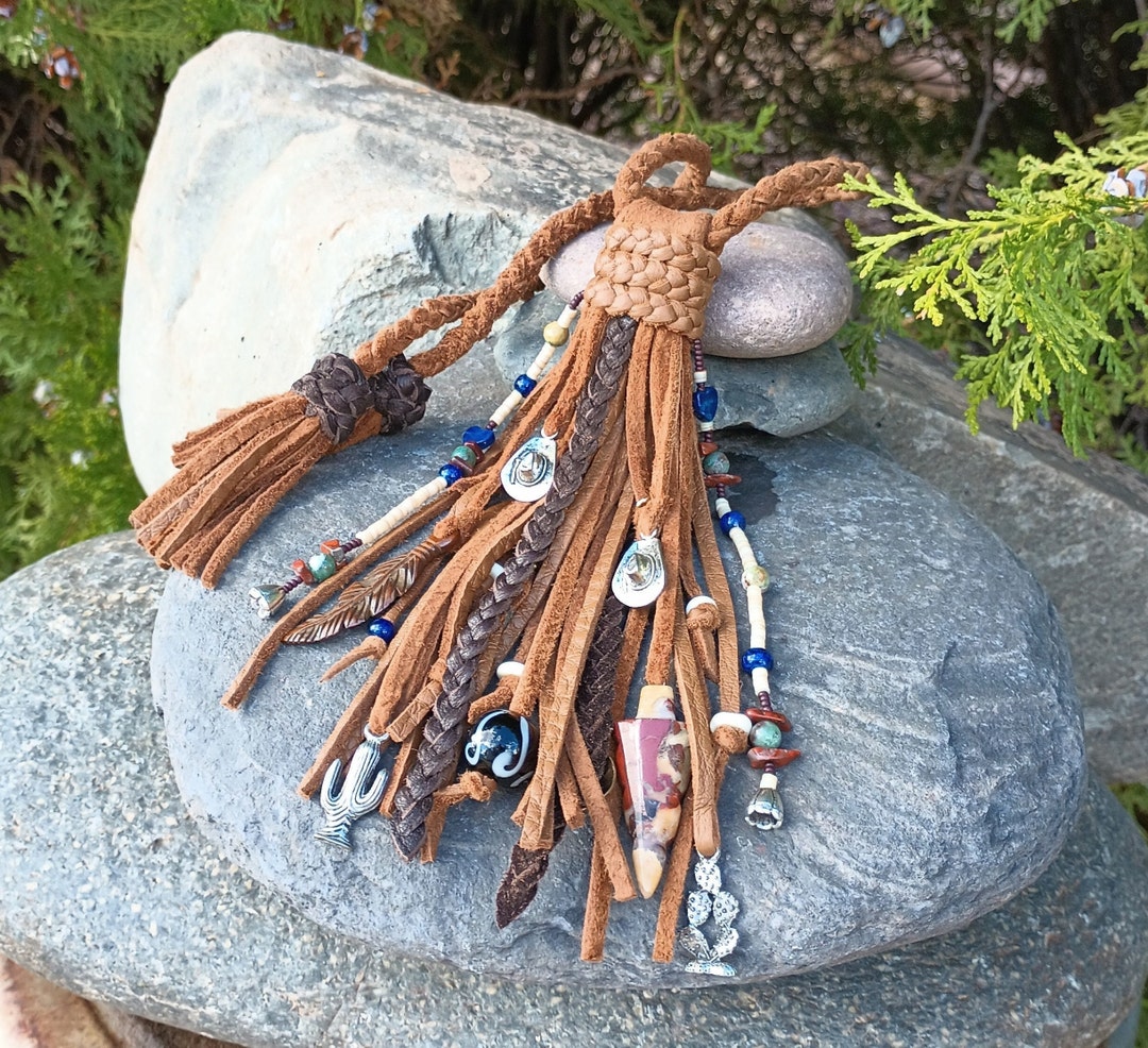 Braided Leather Tassel Handbag Charm, Beaded, Cowboy Hat, Saguaro ...