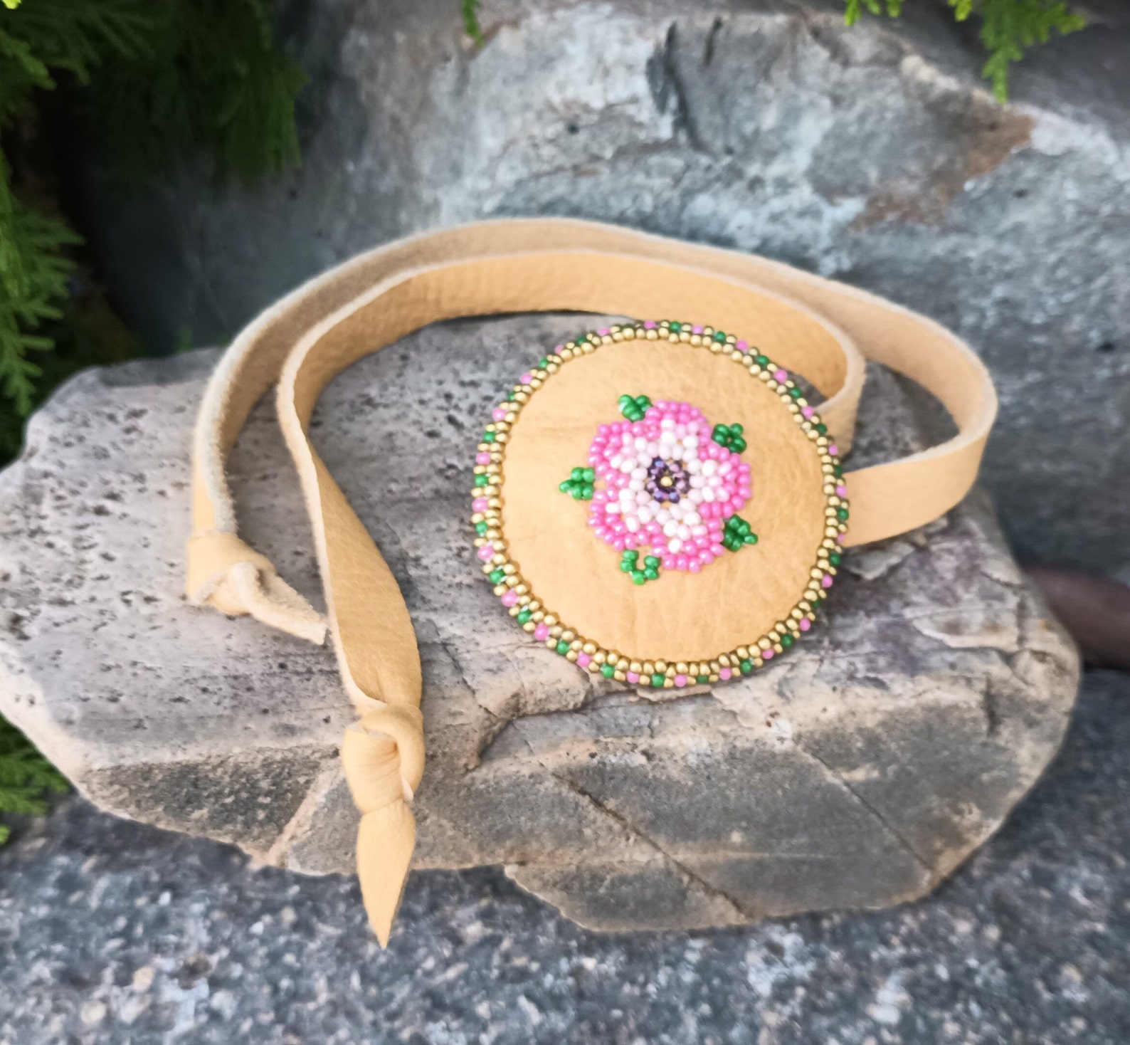 Flower Ponytail Leather Tie, Beaded Rosette, Beadwork, Pink, Cream ...