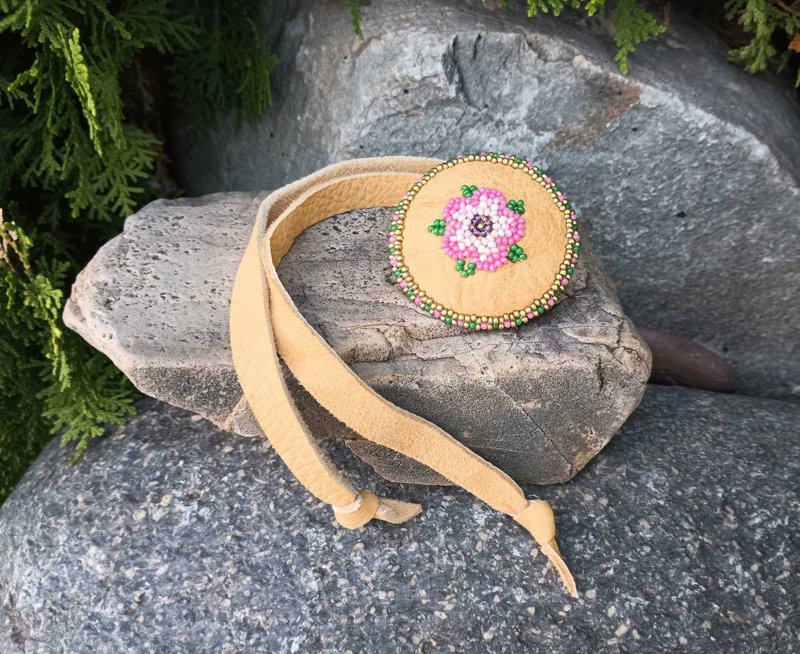Flower Ponytail Leather Tie, Beaded Rosette, Beadwork, Pink, Cream ...