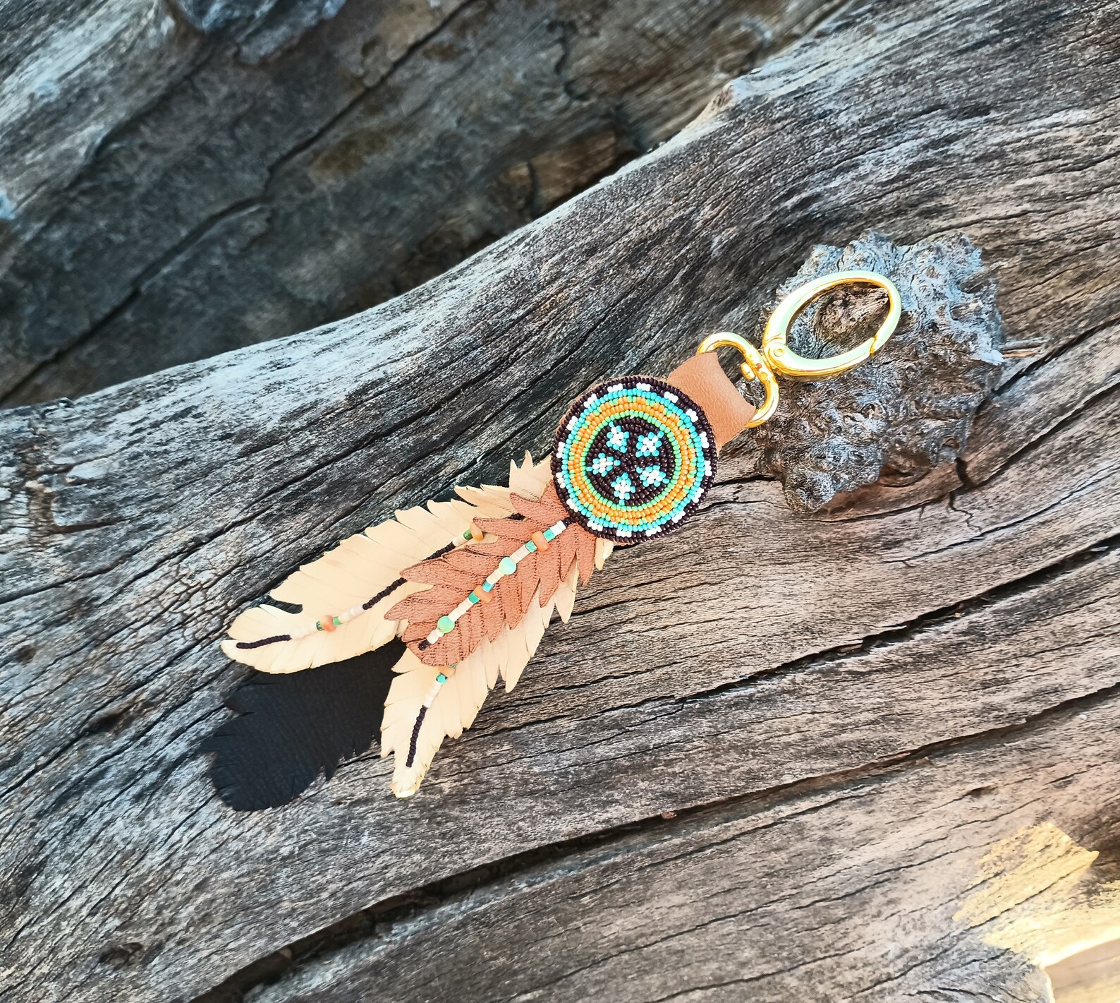 Feather Handbag Charm, Genuine Leather, Beaded Rosette, Clip on Purse ...