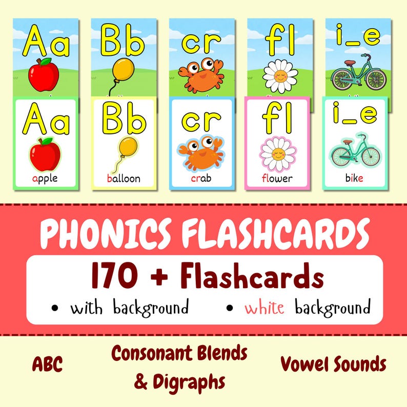 170 Phonics Flashcards Alphabets ABC Consonant Blends & Digraphs Vowels ...