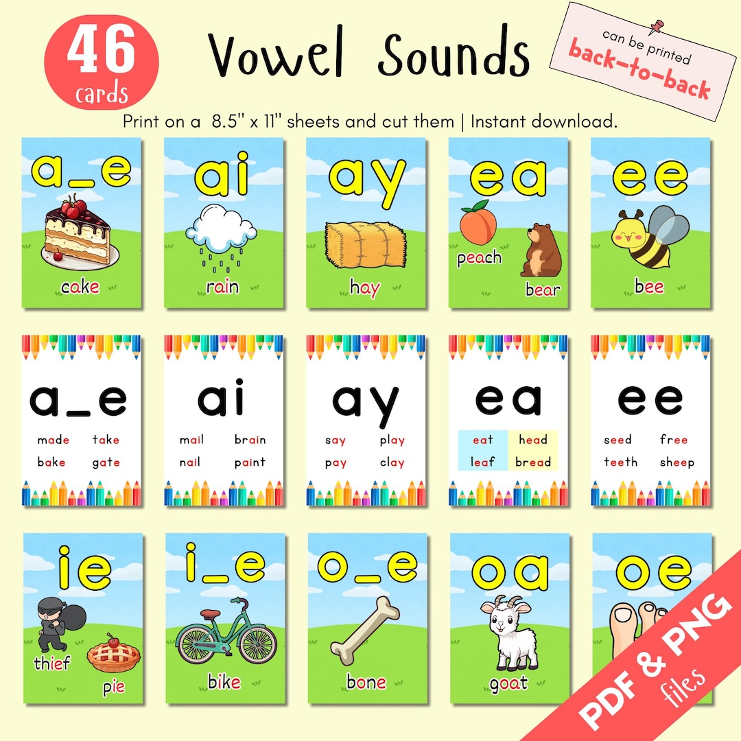 VOWEL SOUNDS Flashcards, ABC, Educational, Montessori, Kindergarten ...