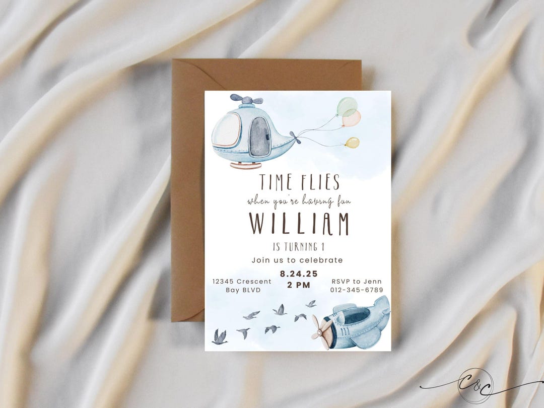 Plane Birthday Invitation, Flight Birthday Invite, Time Flies Birthday ...