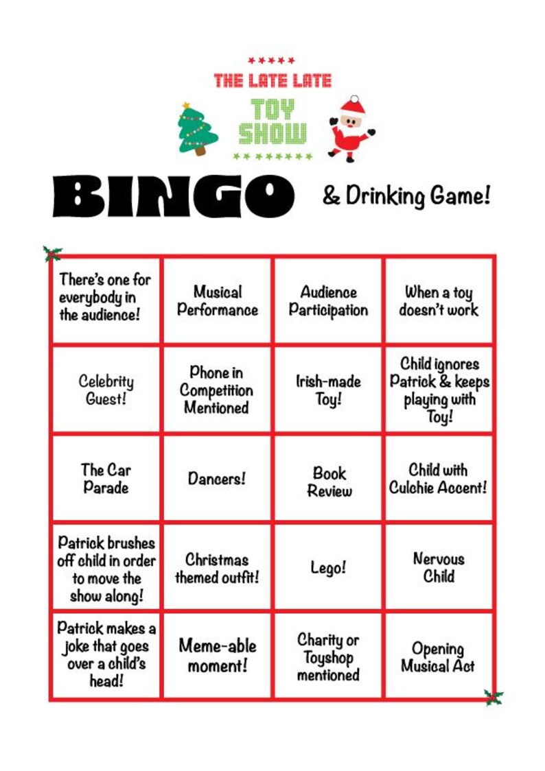 Late Late Toy Show Drinking Game Bingo | Toy Show Bingo | Irish Toy ...