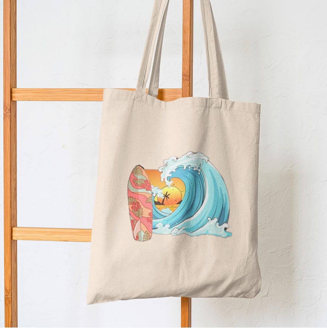 Surfing Sunset Canvas Tote Bag Beach Waves Design, Summer Shoulder Bag ...