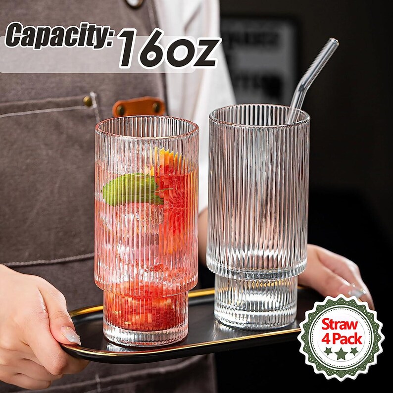 4pack 16oz Ribbed Drinking Glasses Set W/ Glass Straw Brush Beer Iced ...