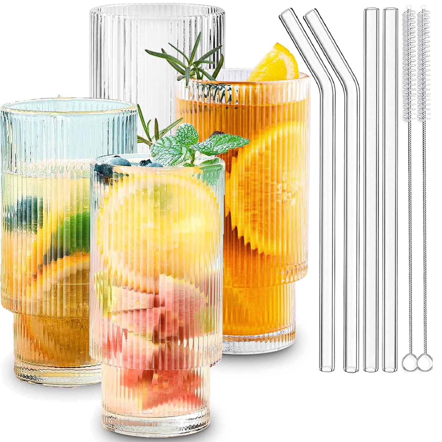 4pack 16oz Ribbed Drinking Glasses Set W/ Glass Straw Brush Beer Iced ...