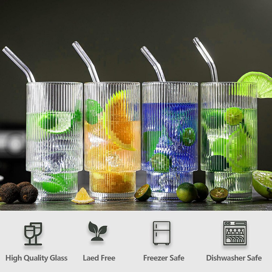 4pack 16oz Ribbed Drinking Glasses Set W/ Glass Straw Brush Beer Iced ...