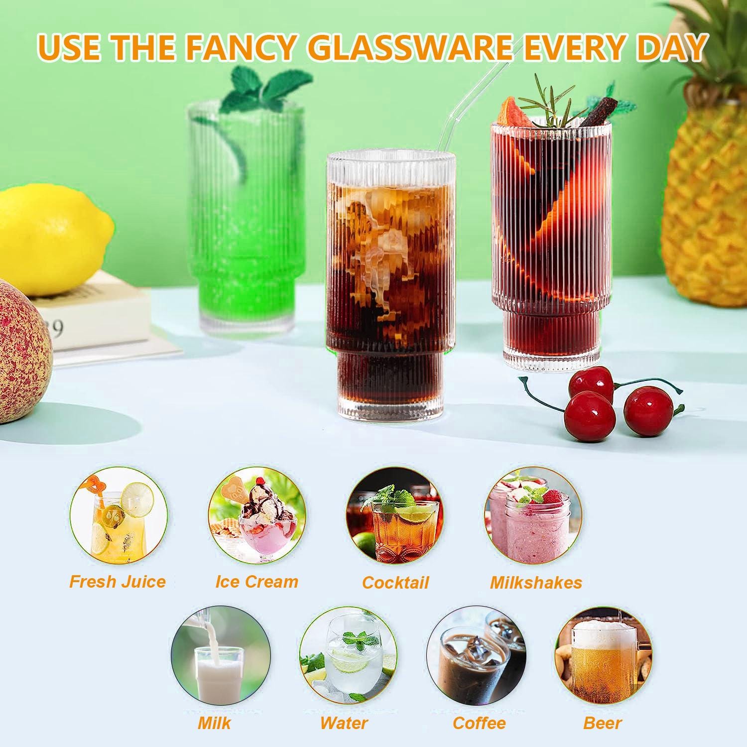 4pack 16oz Ribbed Drinking Glasses Set W/ Glass Straw Brush Beer Iced ...