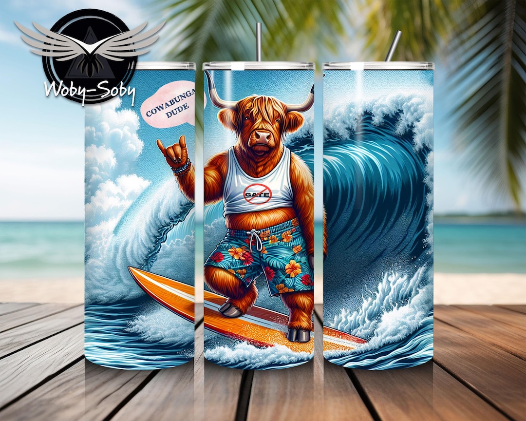 Cowabunga, Dude - Surfer Highland Cow | 20 Oz Skinny Tumbler ...