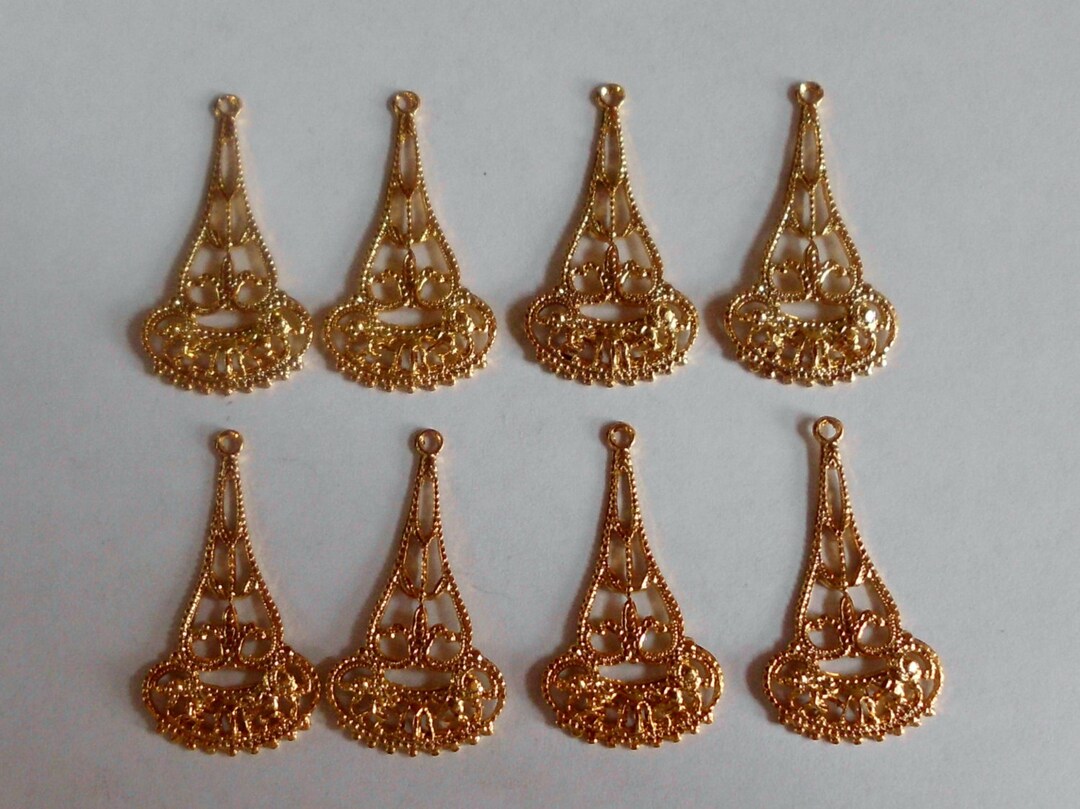 Vintage Component Filigree Jewelry Findings Gold Plated Brass Set of 8 ...