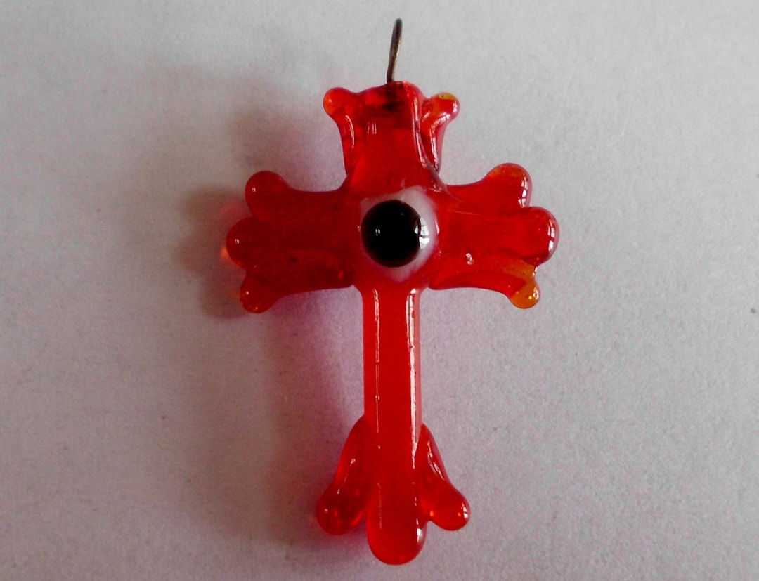 Red Glass Cross Pendant- Hand Made- Lampwork- Charm- Talisman- Bright ...