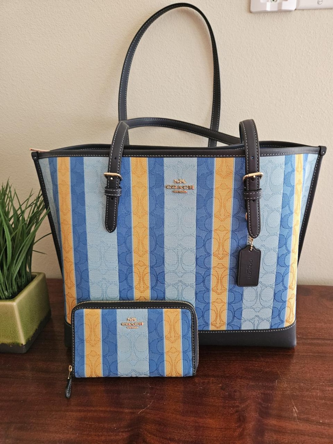 Coach Signature Jacquard Stripe Large Marlon Tote & Matching Wallet ...