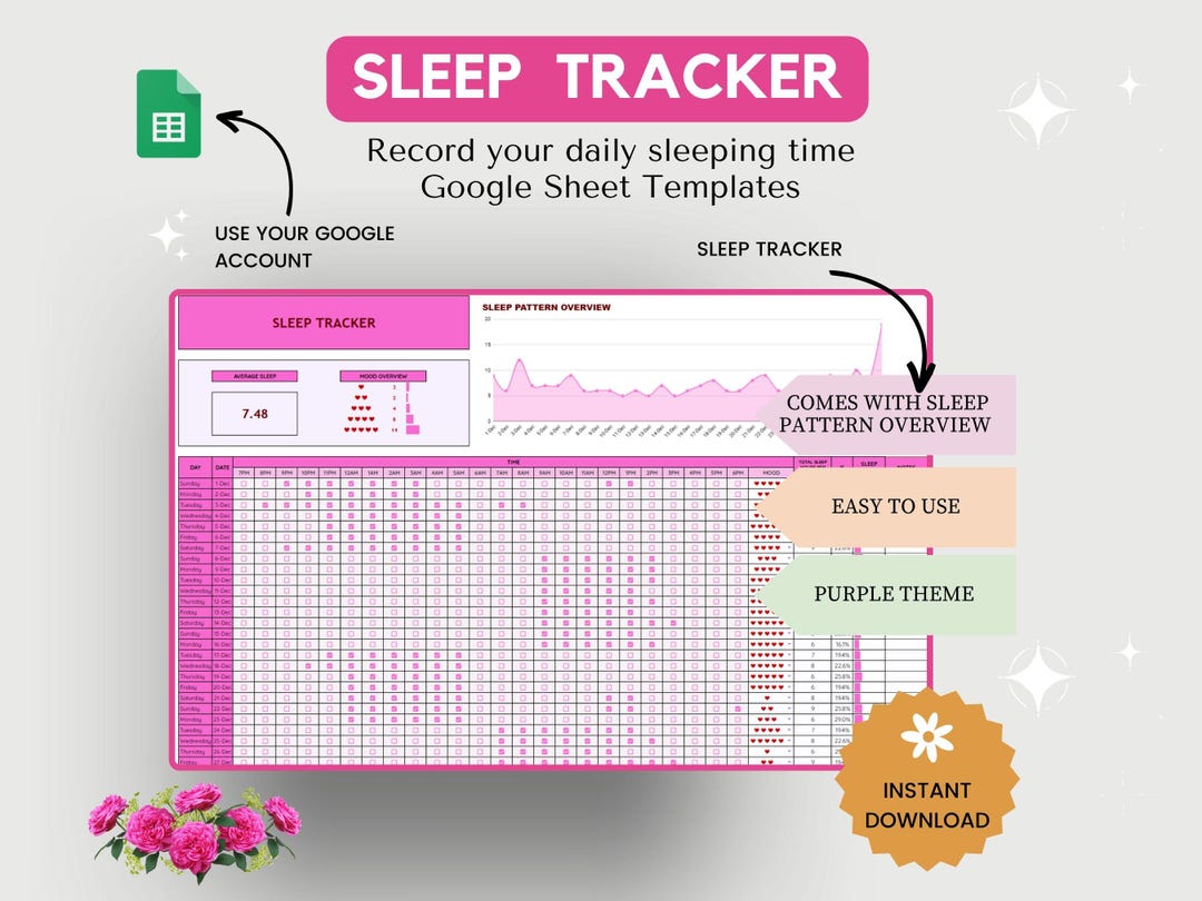 Sleep Tracker Spreadsheet Pink Roses Theme Sleep Hours Tracker | Google ...