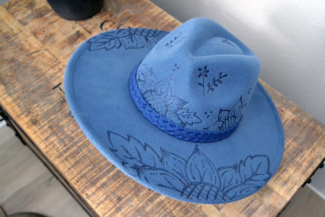 Burned Dusty Blue Wide Brim Hat - Etsy